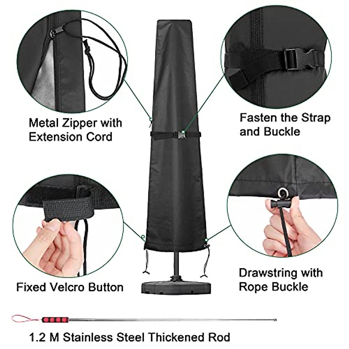 GARDRIT Patio Umbrella Cover, Waterproof 600D Oxford Fabric Umbrella Covers with Smooth Long Zipper and Telescopic Rod, Fits Outdoor Market Umbrellas 7ft to 11ft, Black