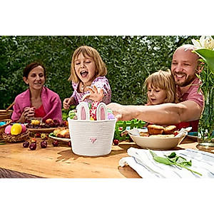 2Pcs Rabbit Easter Baskets for Kids,Hand Woven Cotton Rope Bunny Basket with Handle for Easter Stuffer & Egg Hunt, Decorations, Candy Gifts Storage (Pink & White)