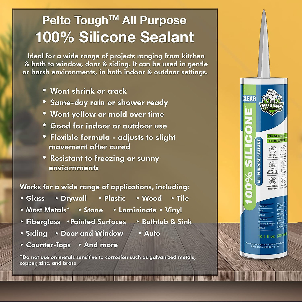 Clear Silicone Sealant + Caulk Gun + Caulking Tool Kit - All-Purpose 100% Silicone Caulk (10 oz Tube), with Dripless Gun, 3-in-1 Scraper/Smoothing Tool, Caulk Removal Tool.