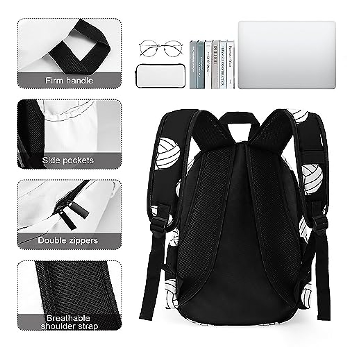 Black and White Volleyball Balls Travel Backpack Lightweight 16.5 Inch Computer Laptop Bag Casual Daypack for Men Women