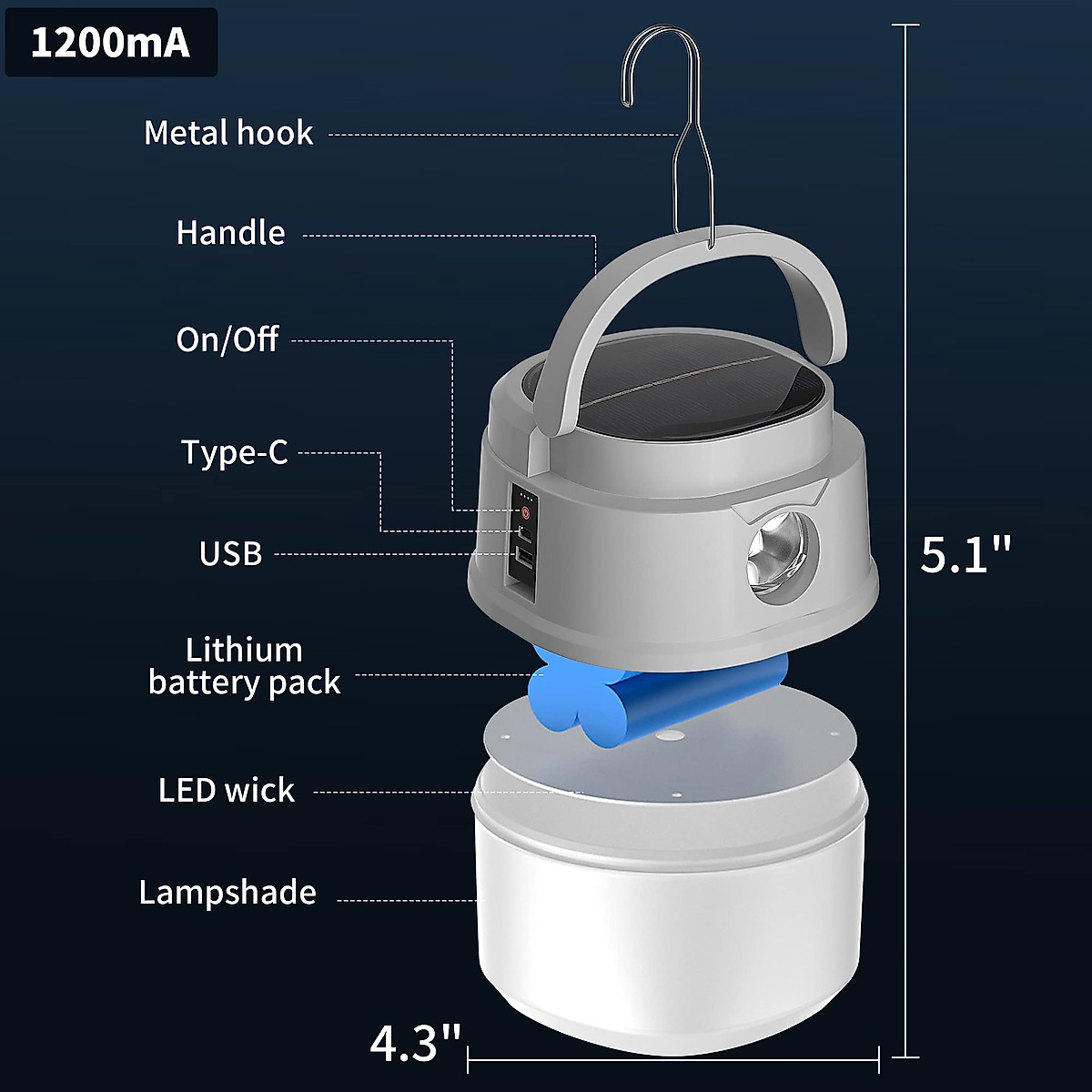 UCGG Solar Camping Lantern, Rechargeable LED Camping Lantern, 4 Light Modes One-Button Switching, Standby Charging Bank, Waterproof, for Hurricane Emergency, Outdoor, Hiking, Home and Car