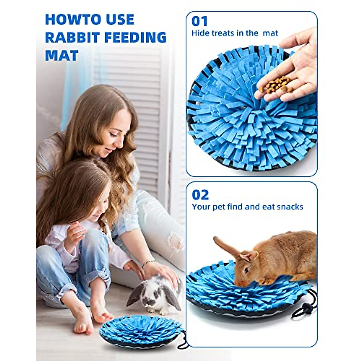 Rabbit Foraging Mat, Interactive Feed Game for Boredom, Small Pet Puzzle Toy, OVMKOV 9.44" x 9.44" Polar Fleece Snuffle Pad Bed Nosework Feeding Mat for Bunny Hamster Guinea Pigs Ferrets Chinchillas