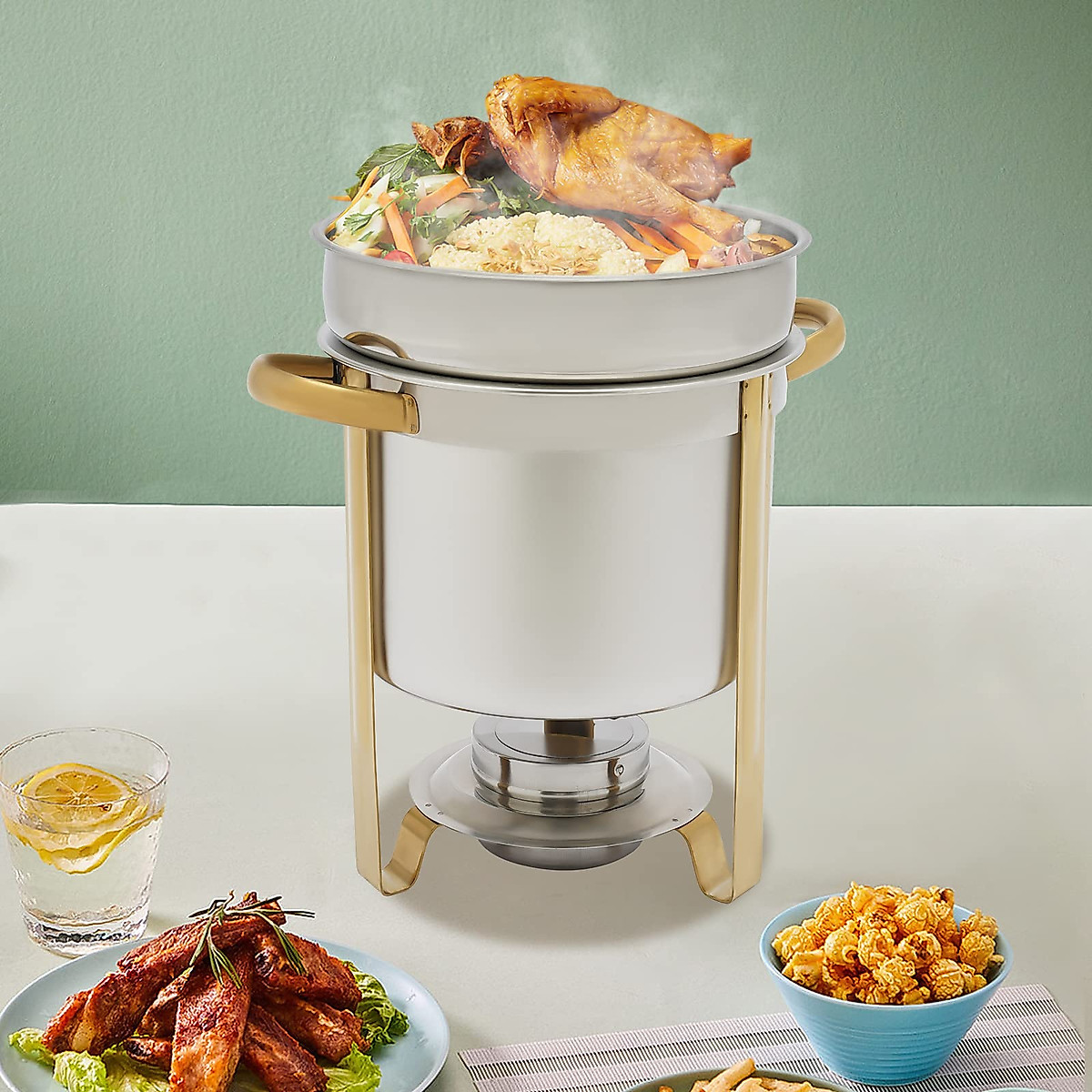 7.4 Qt Soup Chafing Dish With Water Pan Stainless Steel Round Soup Chafer Station with Glass Viewing Lid and Holder Soup and Buffet Warmer Set, Gold&Silver