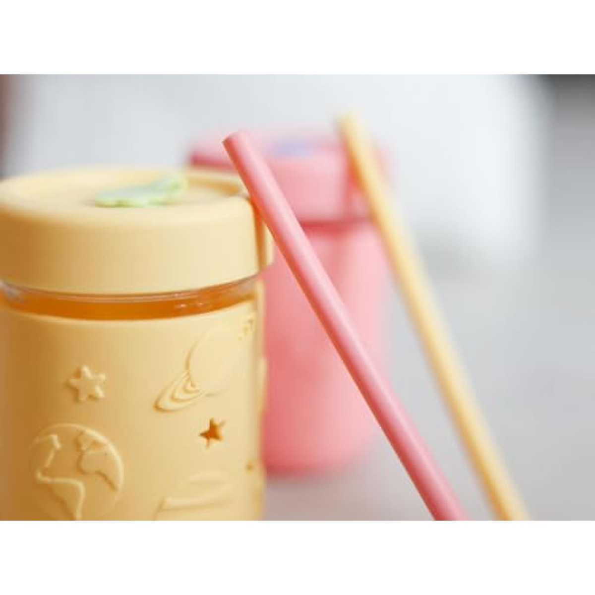 PandaEar Kids & Toddler Glass Cups, 4 Pack Glass Mason Jar Cups 8.45 oz with Silicone Sleeves & Straws, Toddler Spill-Proof Smoothie & Snack Cups