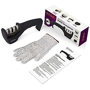 4-in-1 Kitchen Knife Accessories: 3-Stage Knife Sharpener Helps Repair, Restore, Polish Blades and Cut-Resistant Glove (Black)