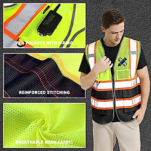 BeautyWill Custom Mesh Safety Vest Customized Logo Class2 High Visibility Reflective Vest with Pockets Construction workwear （Yellow Black，L ）