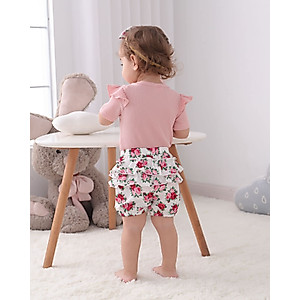 SOLOYEE Baby Girl Clothes,3PCS Ruffled Jumpsuit Tops + Floral Trousers + Floral Headband,Infant Toddler Baby Girl Suit