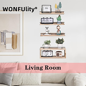 WONFUlity 3-Shelf Bathroom Shelves, Floating Shelves with Storage Basket, Over Toilet Paper Holder, Farmhouse Wood Wall Shelves for Living Room, Kitchen, 16x5.9x5.5 inches, Walnut