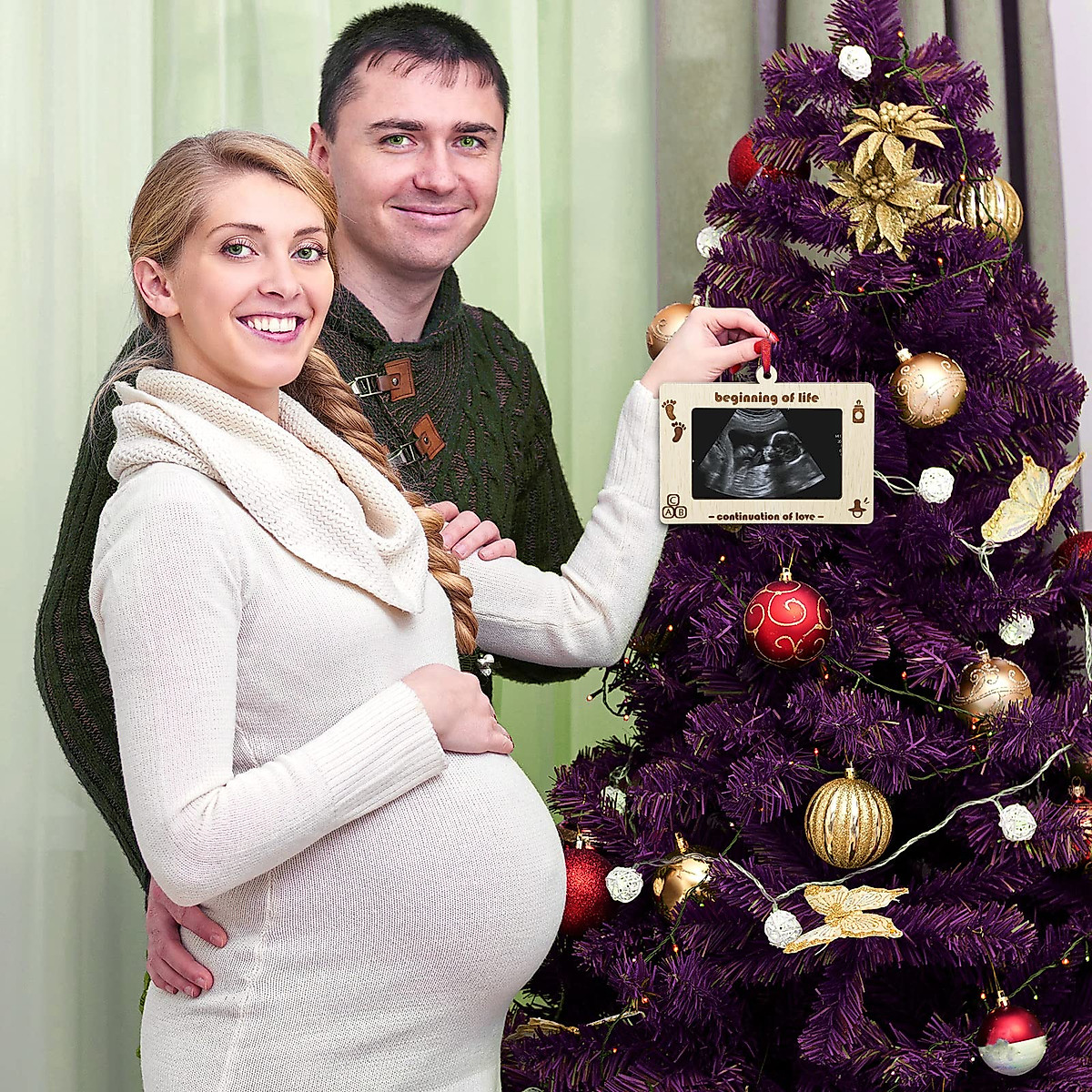 Christmas Souvenir Decorations Wooden Sonogram Picture Frame Charm Ultrasonic Frame Hanging for Friends, Parents and Grandparents Holiday Gifts