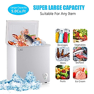 Chest Freezer 5.0 Cu.Ft Small Deep Freezer White Top Door Mini Freezer with Removable Basket, Low Noise, 7 Adjustable Temperature and Energy Saving Perfect for Home Garage Basement Dorm or Apartment