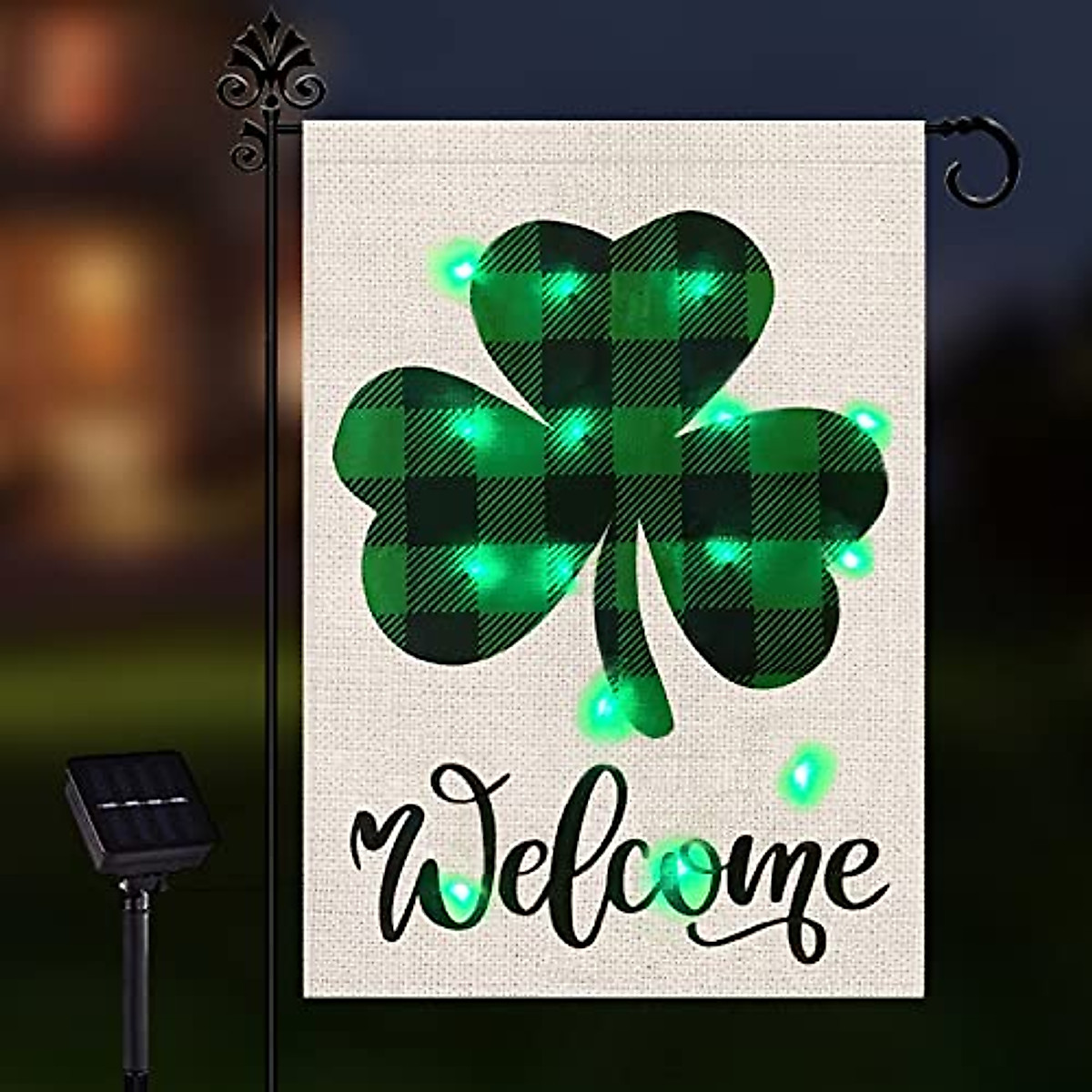 St Patricks Day Garden Flag Shamrock LED Lighted Welcome Buffalo Plaid Yard Outdoor Decoration Vertical Double Sized Burlap Spring Holiday Decor 12.5 x 18 Inch