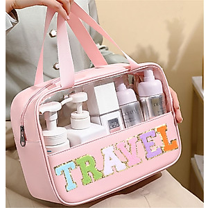 CRUOXIBB Chenille Letter Patch Clear PVC And PU leather Large Travel Makeup Toiletry Storage Bag Waterproof Makeup Tote Bag for Women (Travel-Pink)