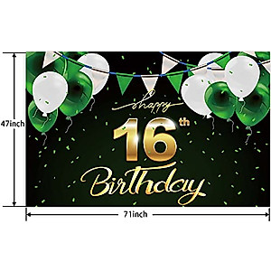 Happy 16th Birthday Black Banner Backdrop Background Photo Booth Props Green White Balloons Theme Decor for Sixteenth Year Anniversary 16 years Old Birthday Party Favors Supplies Decorations