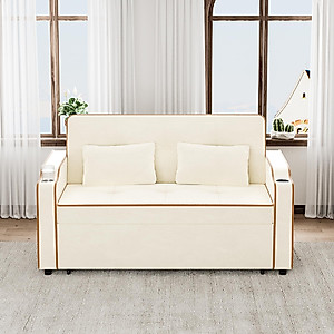 Wrofly 3 in 1 Convertible Sleeper Sofa Bed, Pullout Couch with USB Port & Cup Holder, Modern Futon Loveseat with Storage and Pillows, Velvet Small Couches for Living Room (Beige White)