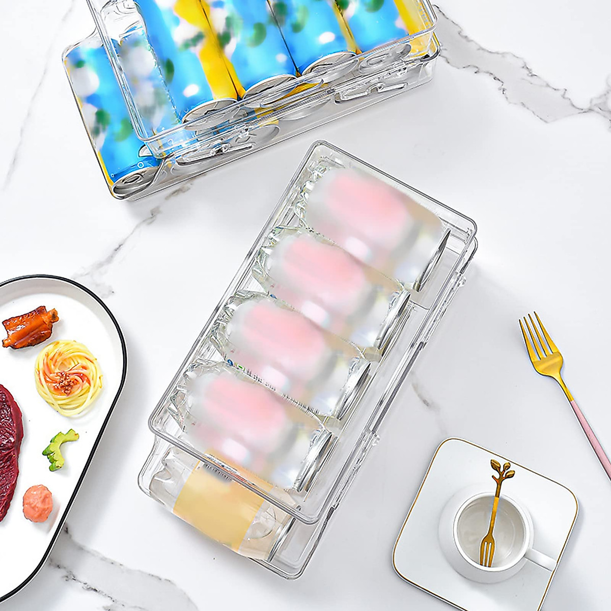 Beverage Can Organizer Bins for Refrigerator, Double Layers Soda Can Storage Organizer, Can Dispenser Beverage Holder, Plastic Food Pantry Storage Rack for Kitchen, Automatic Replenishment