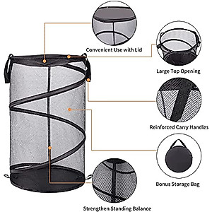 Collapsible Mesh Popup Laundry Hamper, Foldable Dirty Clothes Basket w/Strong Carry Handles/Solid Bottom/High Carbon Steel Frame/Storage Bag, Great for Kids Room/College Dorm/Travel, Round, Black