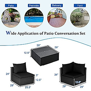 Tangkula 7 Piece Patio Furniture Set, Outdoor Sectional Sofa w/Pillows and Cushions, Wicker Sofa Conversation Set with Coffee Table, Patio Sofa and Tea Table Set for Garden, Lawn (Black)