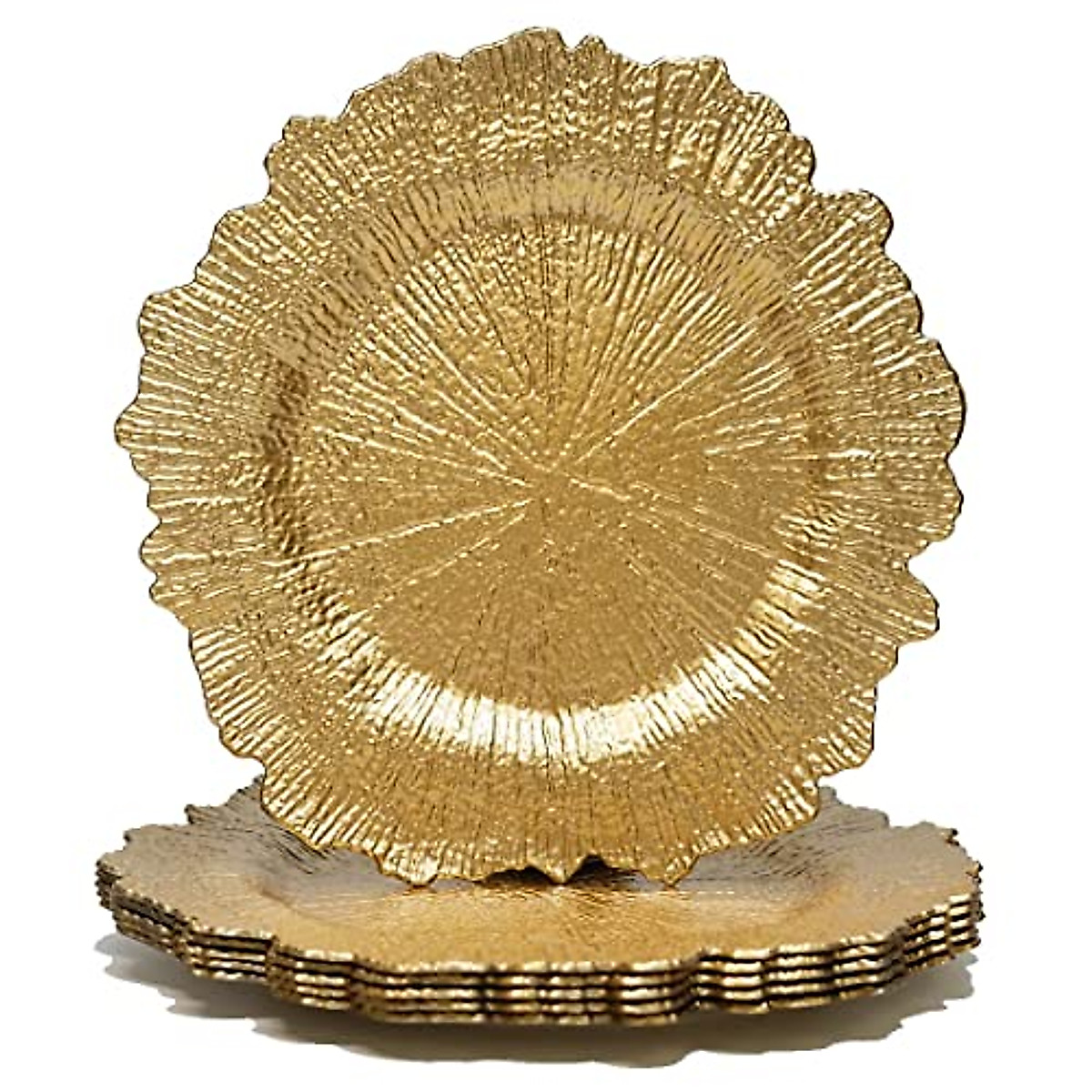 Umisriro Gold Charger Plates,13 Inch Metallic Reef Plastic Chargers for Dinner Plate, Decorative Chargers for Wedding,Elegant Parties, Banquets and Table Decor(Set Of 6)