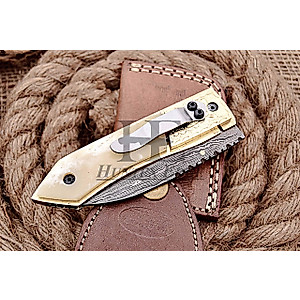 HUNTEX Custom Handmade Hand-Forged Twist Pattern Damascus Steel 4 Inch Long Natural Camel Bone Handle Razor Sharp Camp Hunting Folding Pocket Sheepsfoot Knife with Pocket Clip & Genuine Leather Pouch