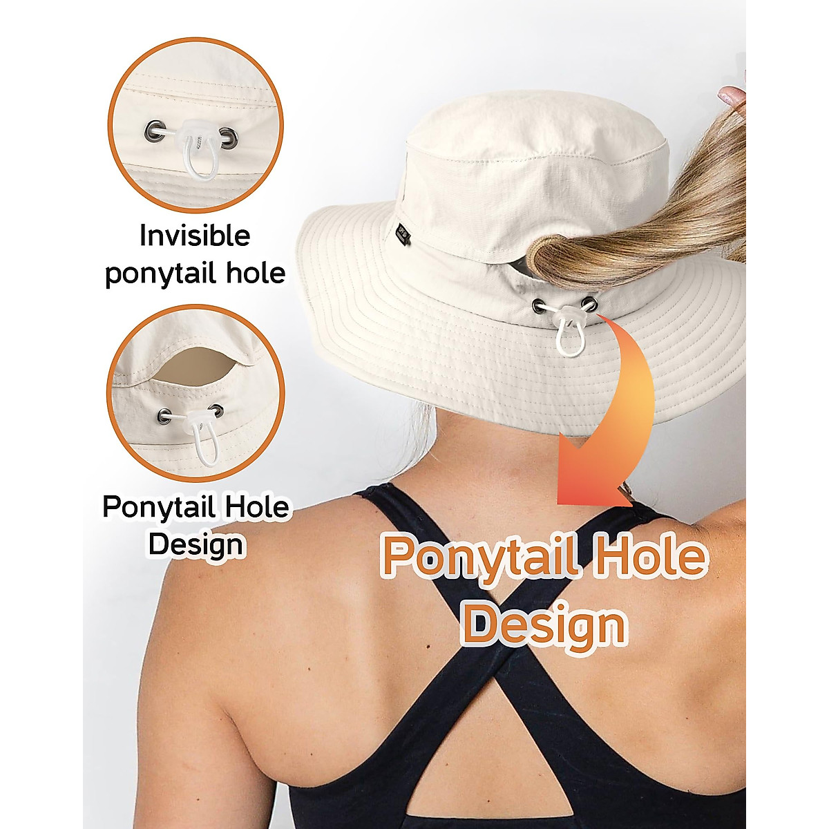 FURTALK Sun Hats for Women with Ponytail Hole Wide Brim Outdoor Hat UPF 50+Packable Summer Beach Hiking Fishing Hats Beige
