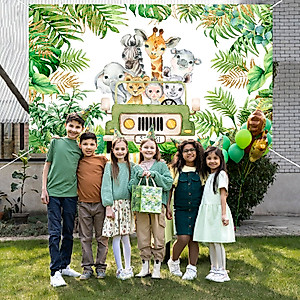 Mocsicka Safari Jungle Animal Party Banner Wild One Baby Shower Birthday Party Decoration for Boy Cartoon Elephant Giraffe Lion Forest Jungle Theme Party Supplies, 72.8 x 43.3 Inch