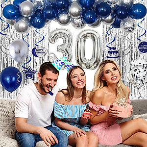 30th Birthday Decorations for Him, Blue and Silver 30th Birthday Party Decorations for Men, Happy Birthday Banner 30th Birthday Balloons Tablecloth Fringe Curtains Hanging Swirls Bday Party Supplies