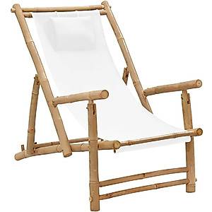 vidaXL Cream White Adjustable Deck Chair - Bamboo and Durable Canvas Material - Foldable Design for Easy Storage - Ideal for Garden, Patio, and Terrace