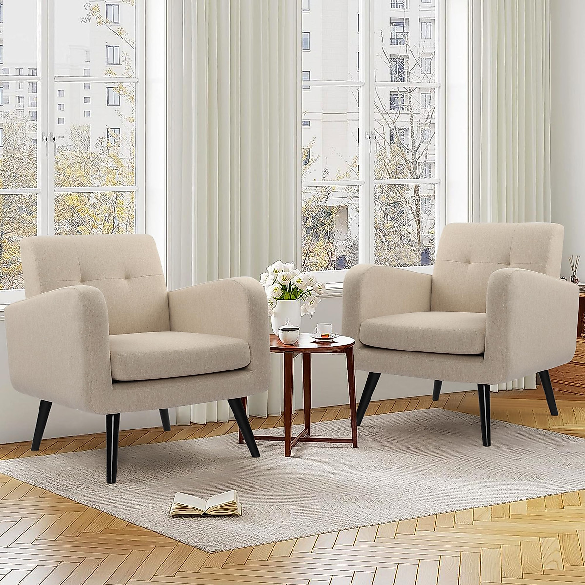 LSSPAID Modern Accent Chairs, Upholstered Fabric Cozy Armchairs, Living Room Side Chair with Solid Wood Legs, Beige