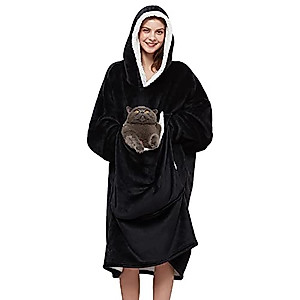 Cozystar Wearable Blanket Hoodie with Giant Pocket （Cat Approved） Extra Soft Sherpa Fleece Thick Warm ＆ Cozy Oversized Sweatshirt Blanket Jacket with Sleeves Gifts for Adult Men Women - Black