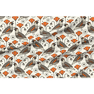 Spoonflower Fabric - Mid Century Quail Mod Floral Poppies Scandi Retro Neutral Bird Orange Printed on Petal Signature Cotton Fabric Fat Quarter - Sewing Quilting Apparel Crafts Decor