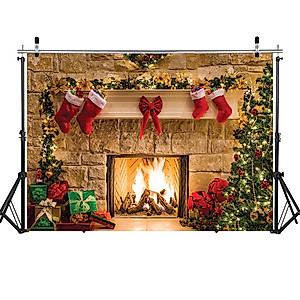 WOLADA 7x5FT Christmas Fireplace Photo Backdrop - Holiday Wall Decor and Background for Photography
