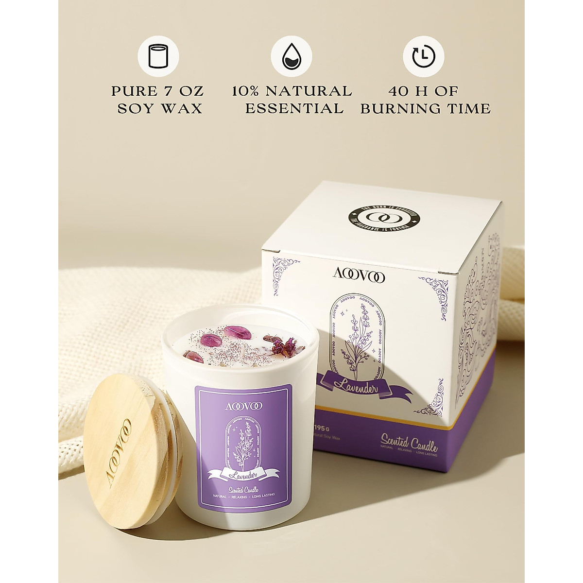 AOOVOO Lavender Scented Candles for Women - Aromatherapy Candle with Crystals Inside, 7oz Soy Candles for Home Scented, Christmas Birthday Gifts Candle for Women Mom
