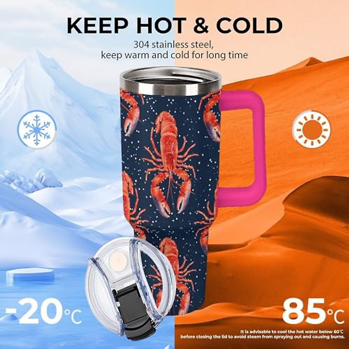 Red Lobster Printed Insulated Tumbler with Lid And Straw Stainless Steel Travel Coffee Mug 40oz Light Rose Red-style