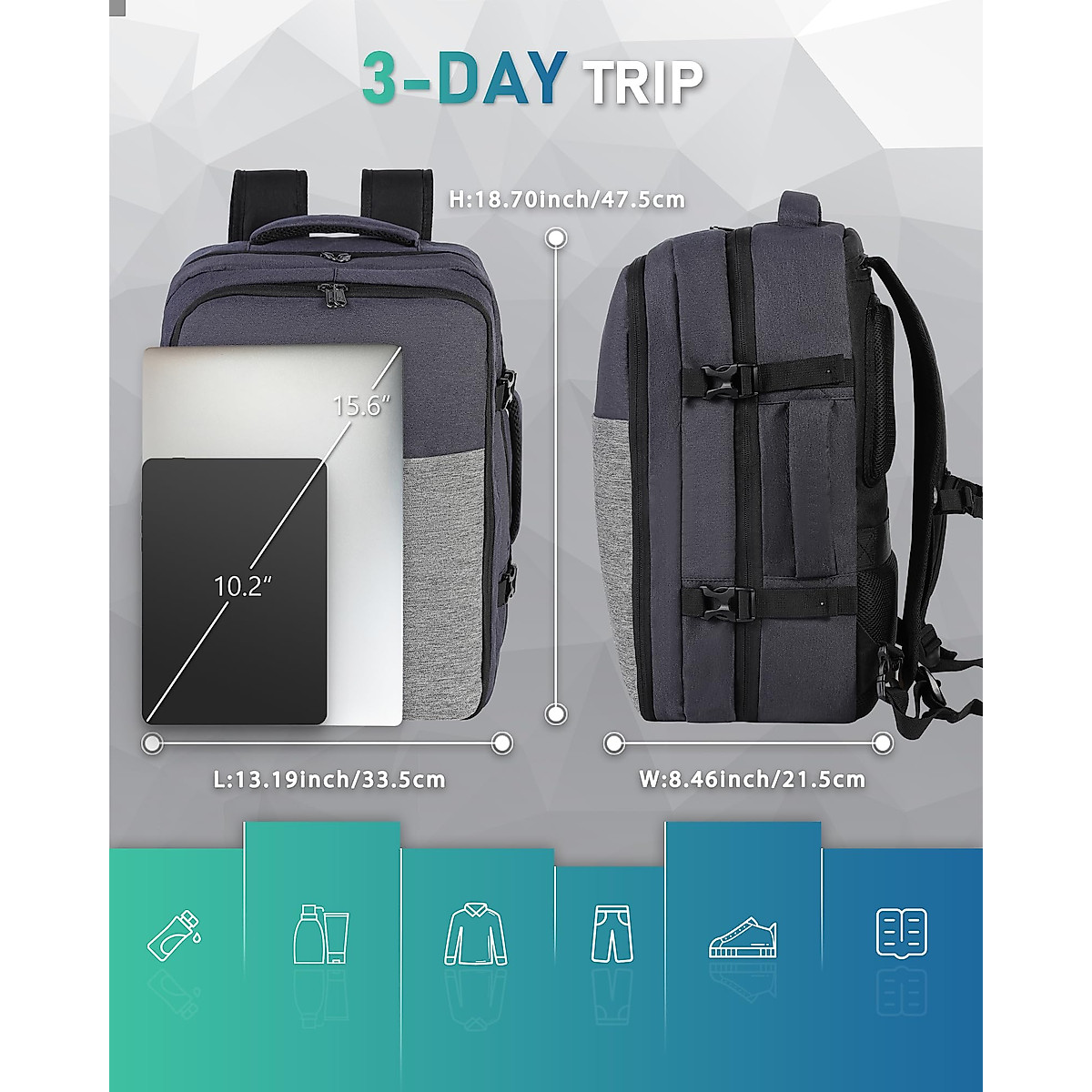 TRAILKICKER Travel Backpack 40L, Carry On Luggage Backpack Flight Approved for Men Women Travel, 15.6 inch Laptop Backpack 3 Day Pack Business Weekender Backpack, Black