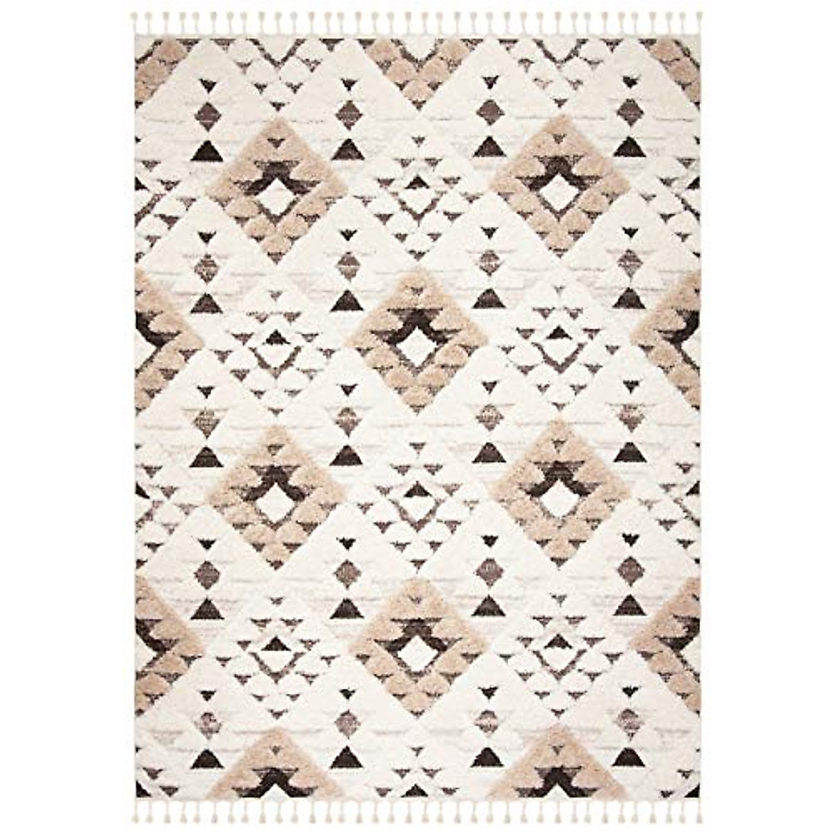SAFAVIEH Moroccan Tassel Shag Collection Area Rug - 6'7" x 9'2", Ivory & Brown, Boho Design, Non-Shedding & Easy Care, 2-inch Thick Ideal for High Traffic Areas in Living Room, Bedroom (MTS688A)