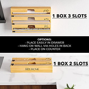 C&K Goods Tidy Home 2-in-1 Wrap Dispenser with Cutter and Labels, Plastic Dispenser for Kitchen Drawer, Aluminum Foil, Wax Paper, Parchment Paper, Bamboo Organizer Holder, Holds 12" Rolls, 2-Slots