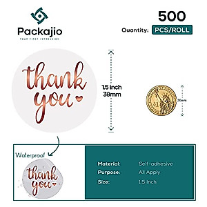 PACKAJIO Thank You Stickers Roll –500 PCS, 1.5” Inch, Durable, Self-Adhesive & Waterproof Rose Gold Foil - Thank You Stickers for Small Business, Packaging, Envelopes Seal, and Gift Wraps