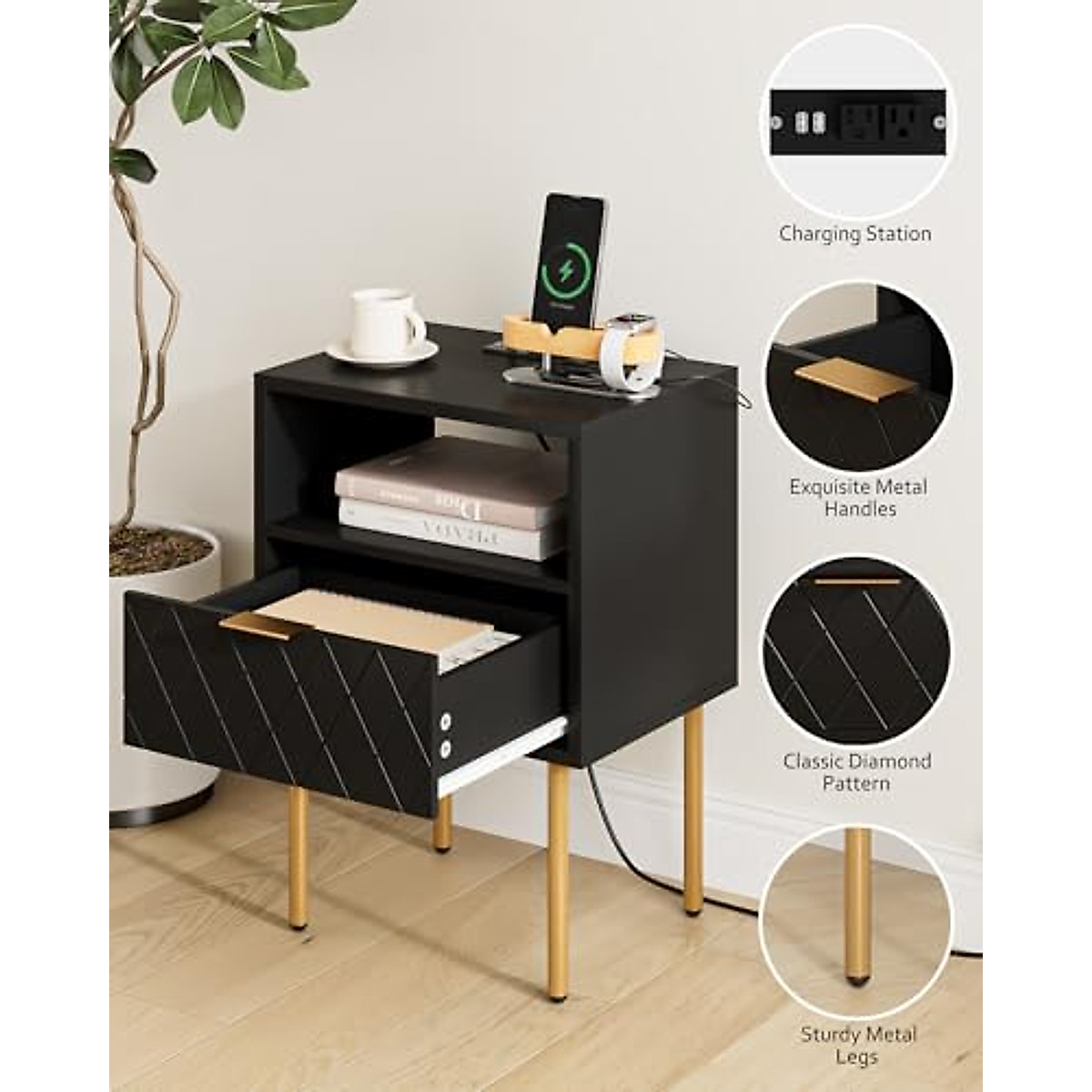 Masupu Nightstand with Charging Station,Mid-Century Modern Bedside Table with Storage Drawer and Open Wood Shelf,Small Gold Frame Side Table for Bedroom,Living Room(Black)