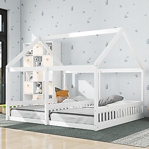 Twin House Bed for 2 Kids, Double Shared Twin Size Kids House Beds, Wooden Toddler Bed, Montessori Bed, Floor Twin Bed for Kids,Teens, Boys & Girls, Can Be Decorated Tent (Double Twin, White)