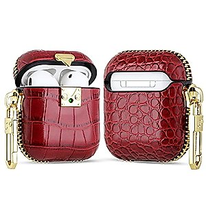 Case Cover for AirPods, YMSMY Genuine Leather AirPods 2 Case AirPods 1 Case with Stainless Steel Gold Buckle, High-end Crocodile Pattern AirPods 1&2 Case (Red)
