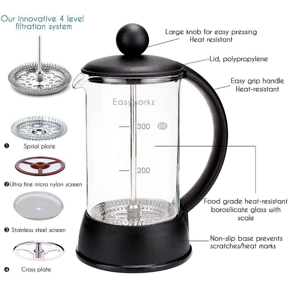 Easyworkz Eclipse French Press 12 oz Coffee Tea Maker with Borosilicate Glass