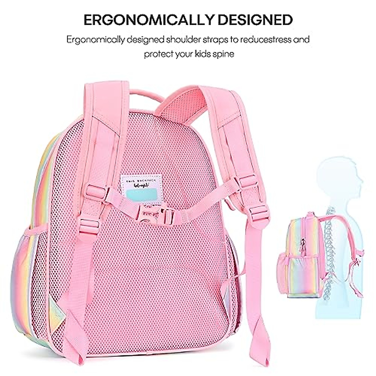 mibasies Girls Backpack for School, Kids Backpack School Bag for Elementary Age 5-8, Pink Blue Rainbow