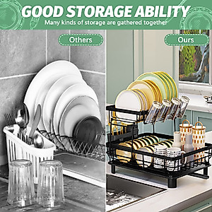 Vanleonet Dish Drying Rack with Drainboard Set, 2 Tier Stainless Steel Large Dish Racks with Drainage, Dish Drainers with Wine Glass Holder, Utensil Holder and Extra Drying Mat