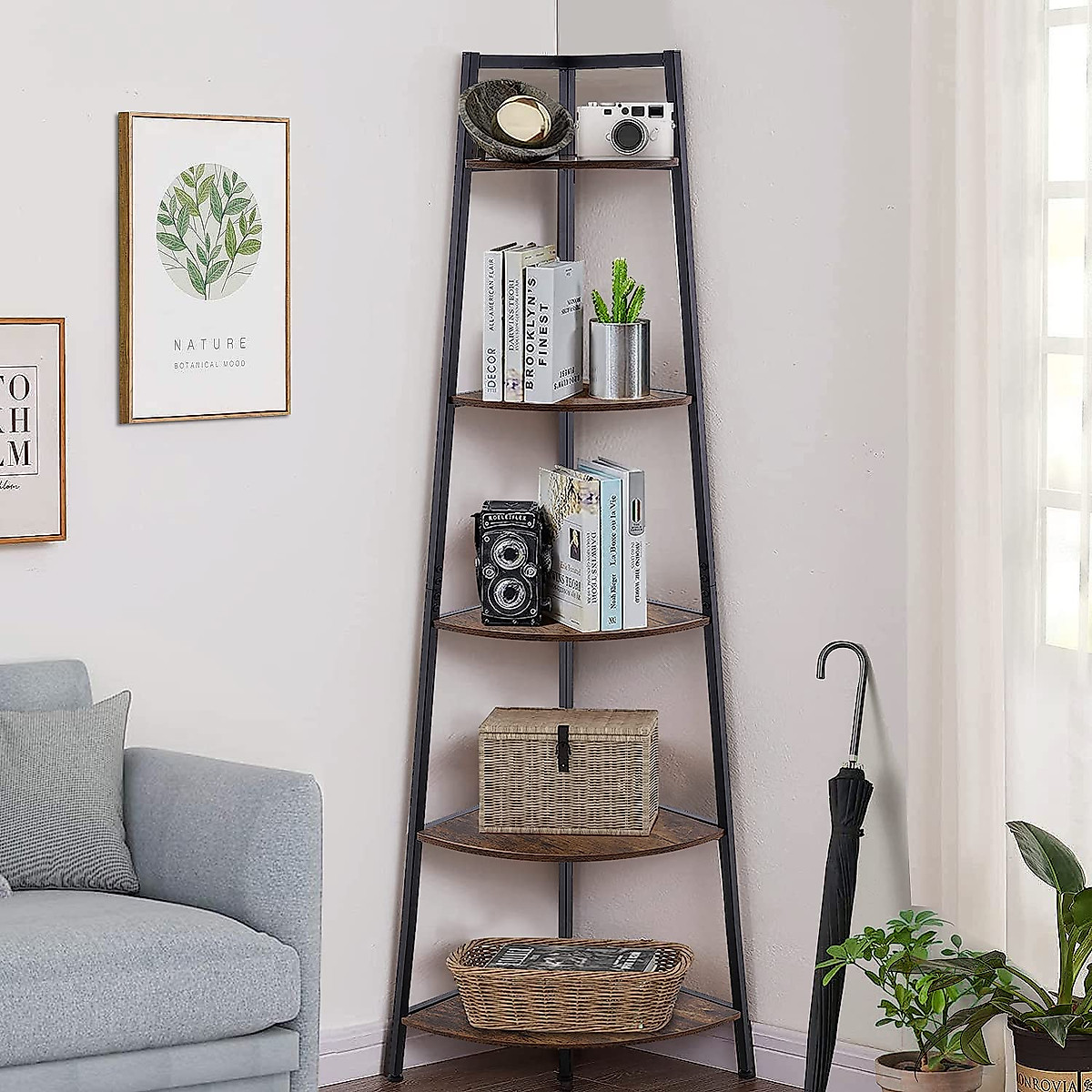 NAIYUFA Industrial Corner Shelf Stand,5 Tier Corner Shelf,Modern Corner Bookshelf Small Bookcase, Rustic Tall Corner Ladder Bookcase Plant Stand for Living Room,Kitchen,Home Office