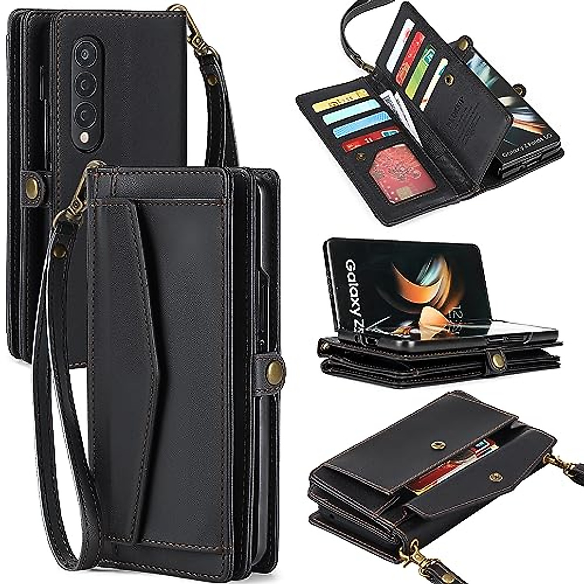 DKDKSIP for Samsung Galaxy Z Fold 5 Wallet Case for Women, RFID Blocking Card Holder, PU Leather Flip Phone Case with Crossbody Strap Wristlet Kickstand for Galaxy Z Fold 5, Black