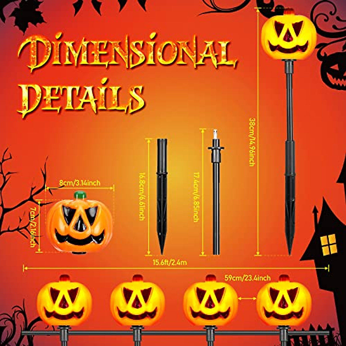 8 Pack Halloween Pumpkin Stake Lights 15.6 ft Halloween Decorations Pumpkin Stake Lantern 3D Lighted Pumpkin String with 8 LED Waterproof Battery for Garden Lawn Yard Tree Outdoor Halloween Decor