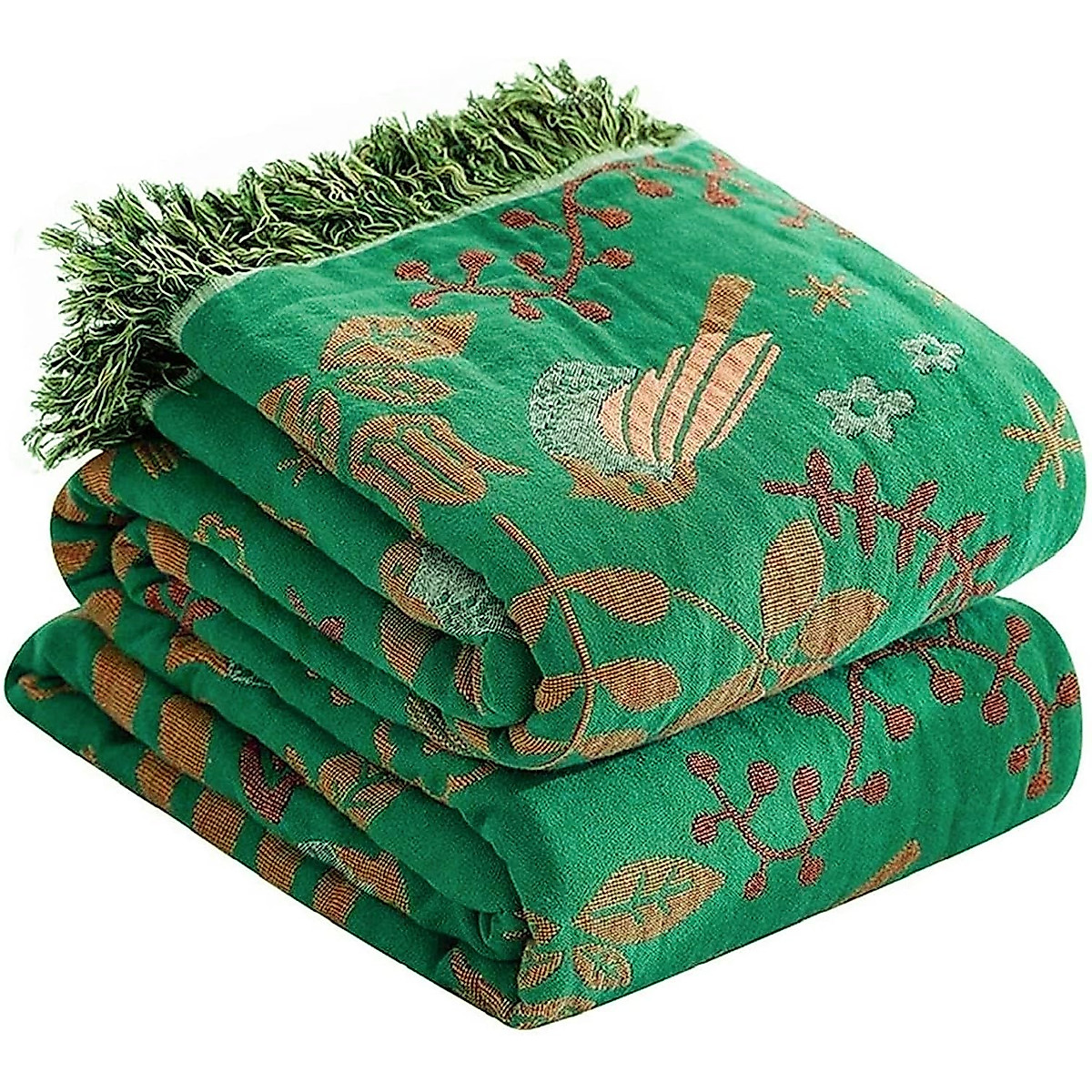 Skrmisda Bohemian Throw Blankets, Boho Birds 60 * 80 Inch Cotton Blanket for Bed Couch Camping Picnic Full Size Tassel Reversible Breathable Soft & Cozy Blankets (Green+Beige)