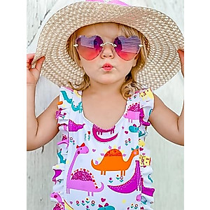 RAISEVERN Baby Girls Swimsuit Ruffles Dinosaur Bathing Suits Cute Cartoon Colorful Flowers Print Beach Sport White Summer One Piece Swimwear Backless Quick-Dry Swimming Bodysuit for 3t 4t Little Girl