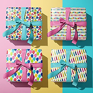 FIEHALA Happy Birthday Wrapping Paper Sheets for Girl Boy Kids - 12 Sheets with 4 Birthday Patterns - Pre cut & Folded Flat Design (20 inch × 27.5 inch per sheet)