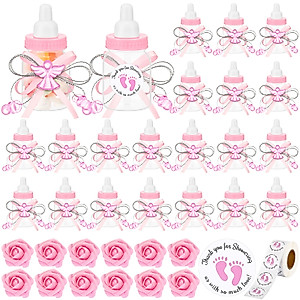 Vesici 61 Pcs Baby Shower Party Favors Set, 48 Mini Angel Milk Bottles 1 Roll Thanks Sticker 12 Artificial Roses for Newborn Baptism Party(Pink)